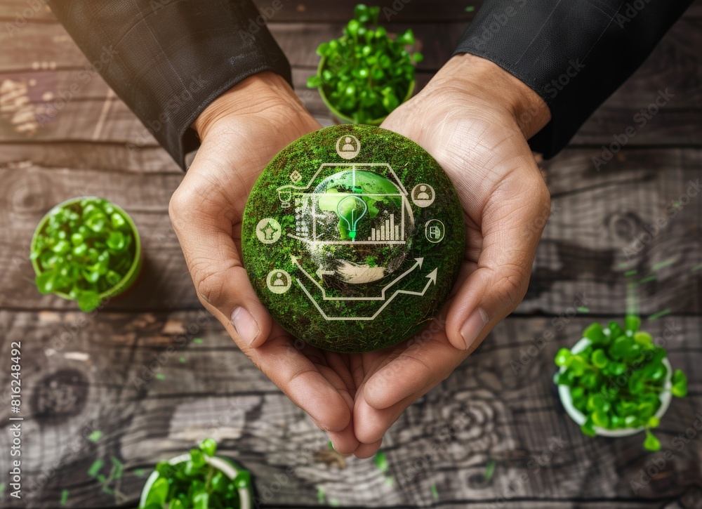 Man and man hands holding the green planet Earth with digital icons of ...