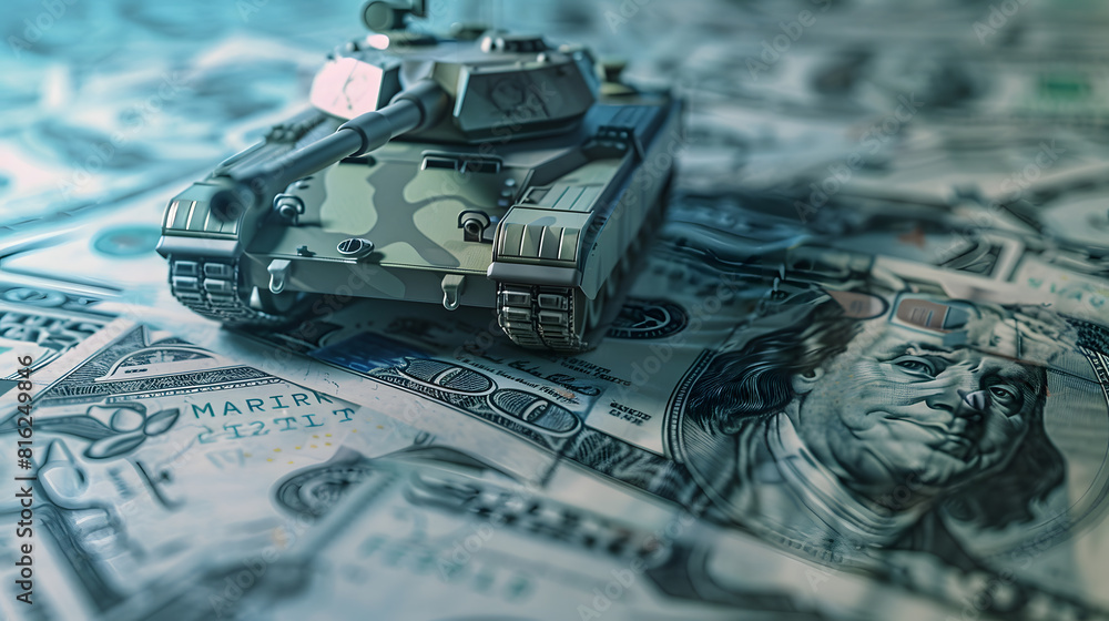 The main battle tank on US dollar bill banknotes background USA and ...