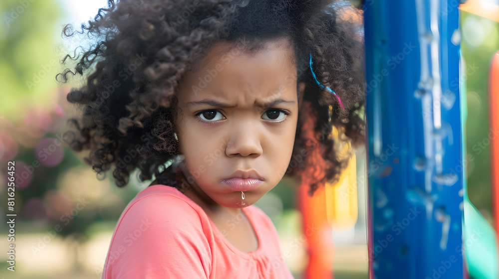 African American kid crying alone on playground at park Cute afro girl ...