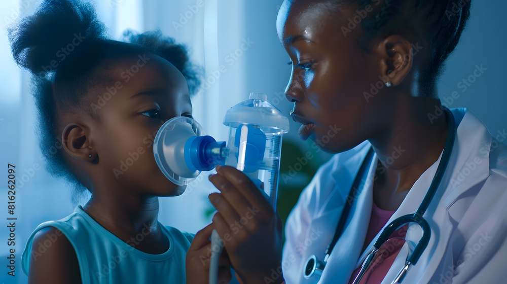 Young African female Doctor helping to little girl with nebulizer mask ...