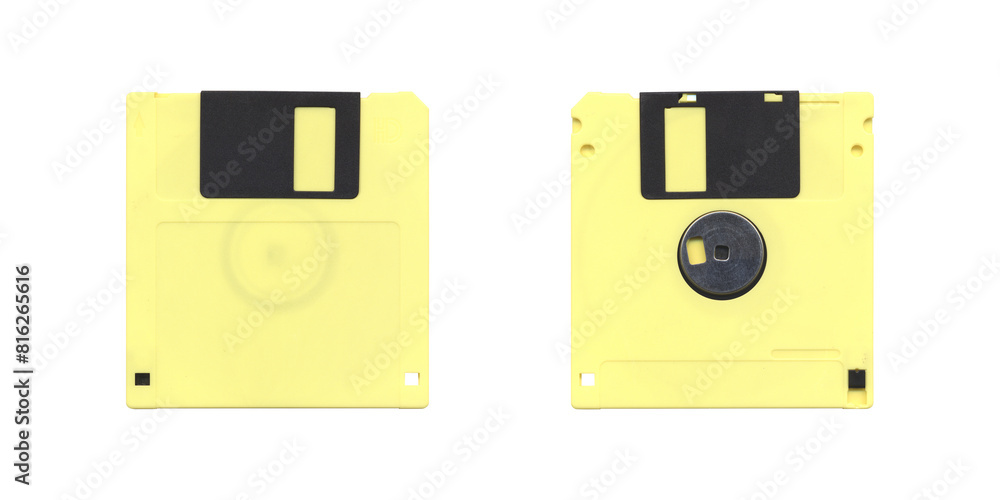 Isolated Retro 3.5” Floppy Disk with front and back side on transparent ...
