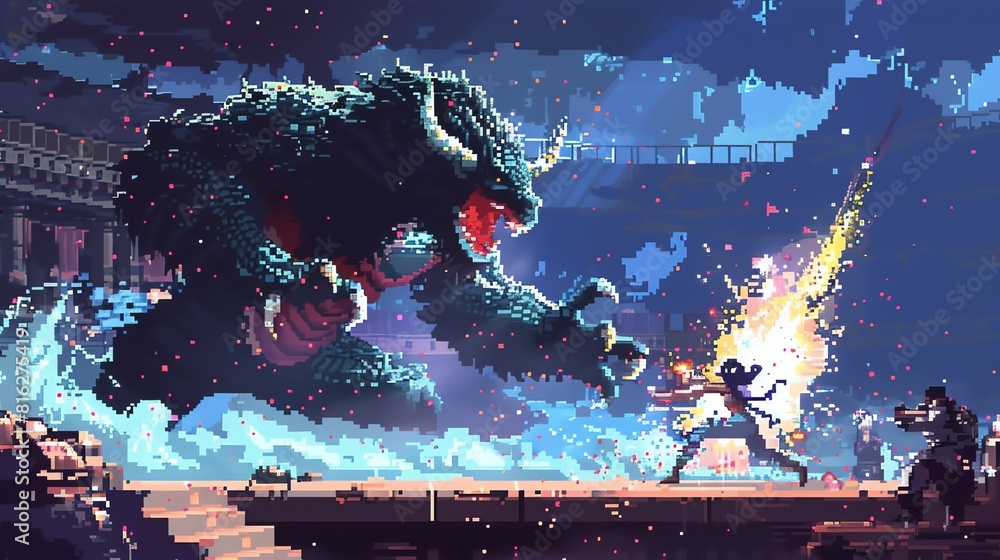 The image is a pixelated scene of a battle between a giant monster and ...