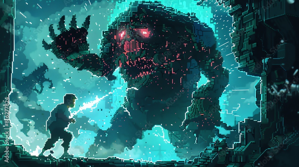 The image is a pixelated illustration of a giant robot fighting a human ...