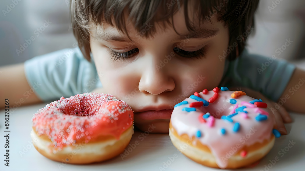 Diet for kids sad and unhappy child Child reaches donuts Tasty food for ...
