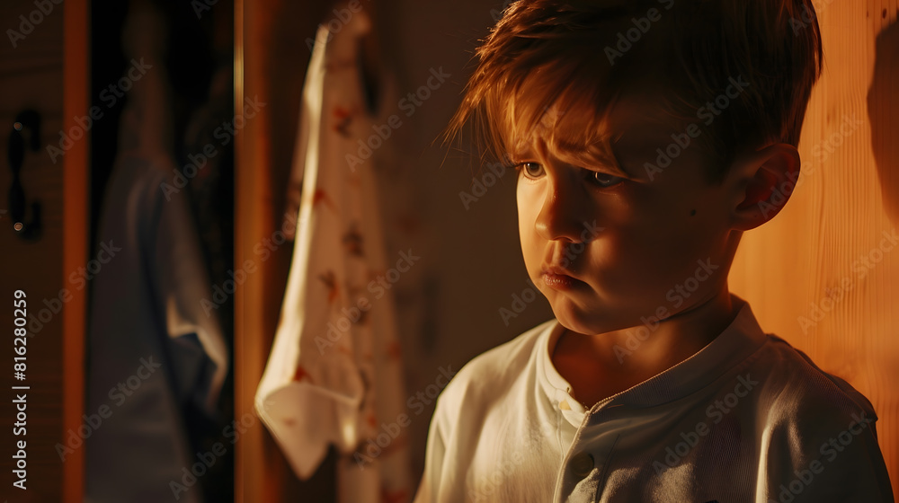 Sad boy hiding in the wardrobe Domestic violence and abused concept ...