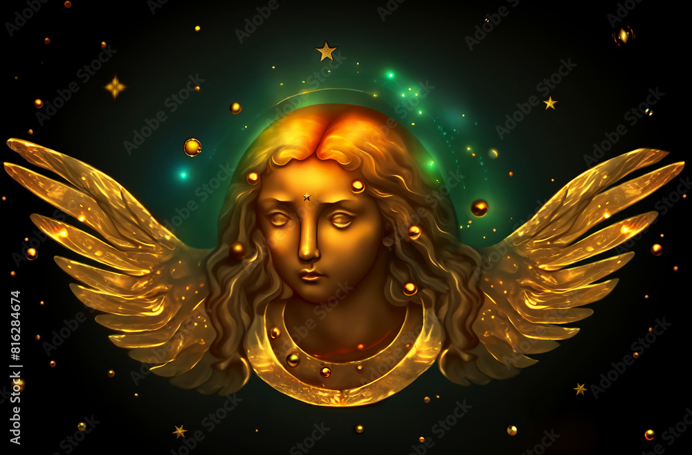 Golden angel with wings. Archangel in the night in the color of Raphael ...