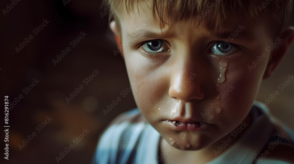 Little migrant child cry Portrait of kid boy wipes tears Evacuation ...