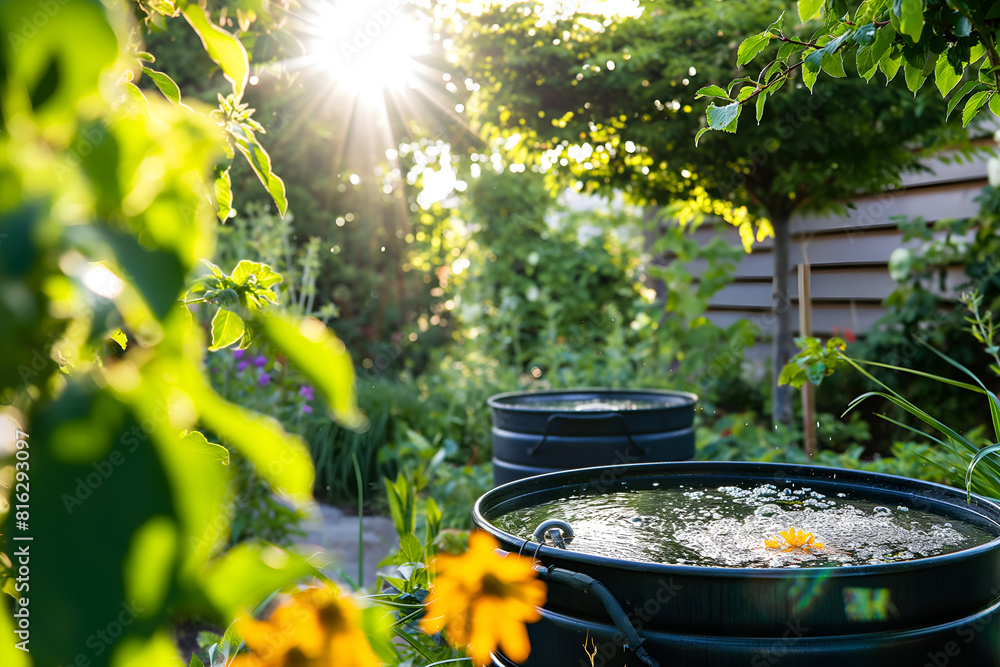 A Rainwater Harvesting System In Use In A Garden, Water Conservation ...