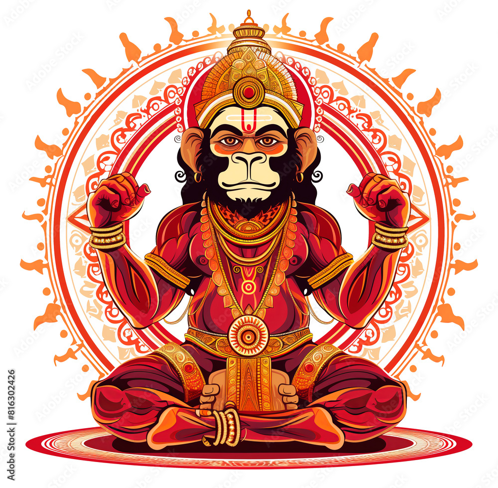 "Regal Hanuman Seated in Lotus Pose with Ornate Circular Background on ...