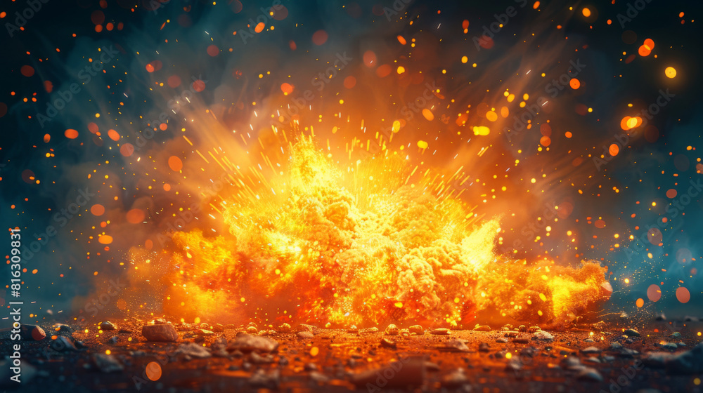 Intense explosion with fiery sparks and debris at a quarry ...