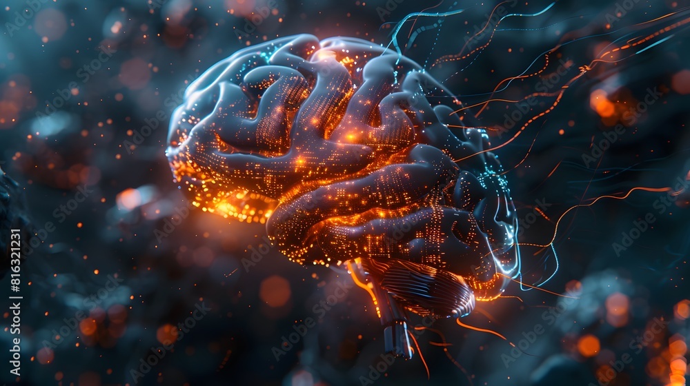 Sophisticated cyber brain with elaborate neural circuitry, embedded in ...
