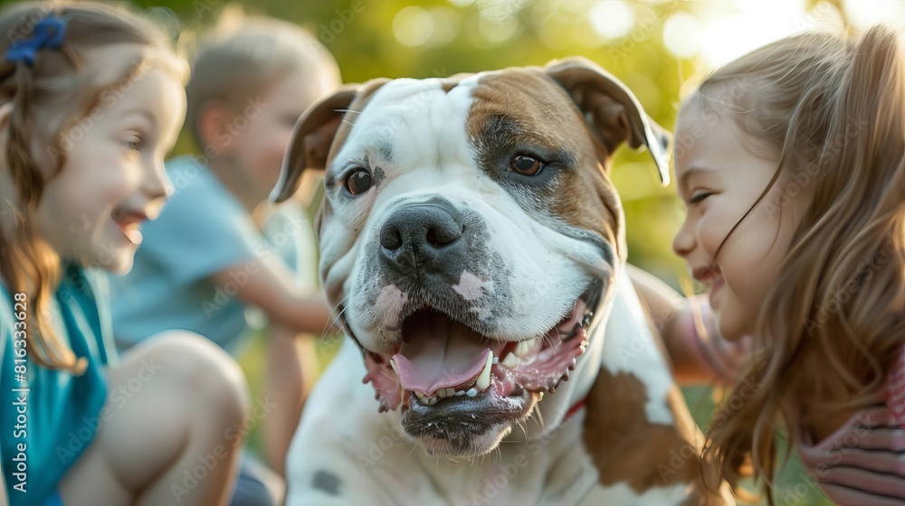 An American Bulldog interacting with children in a family backyard ...