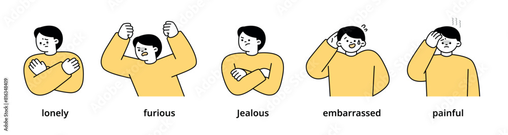 Boy upper body character expressing 5 different emotions - Set 7 ...