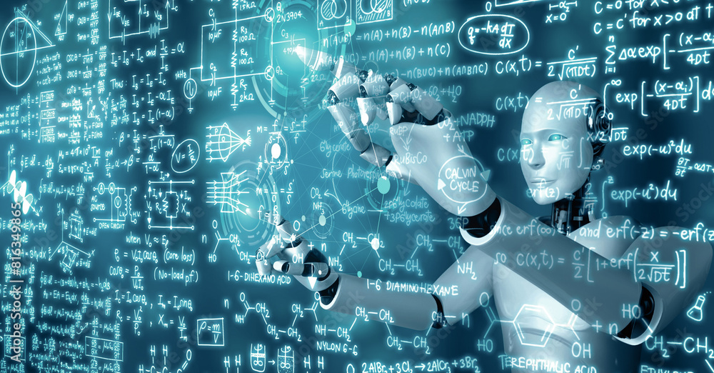 MLP 3d illustration AI hominoid robot touch screen of mathematics ...