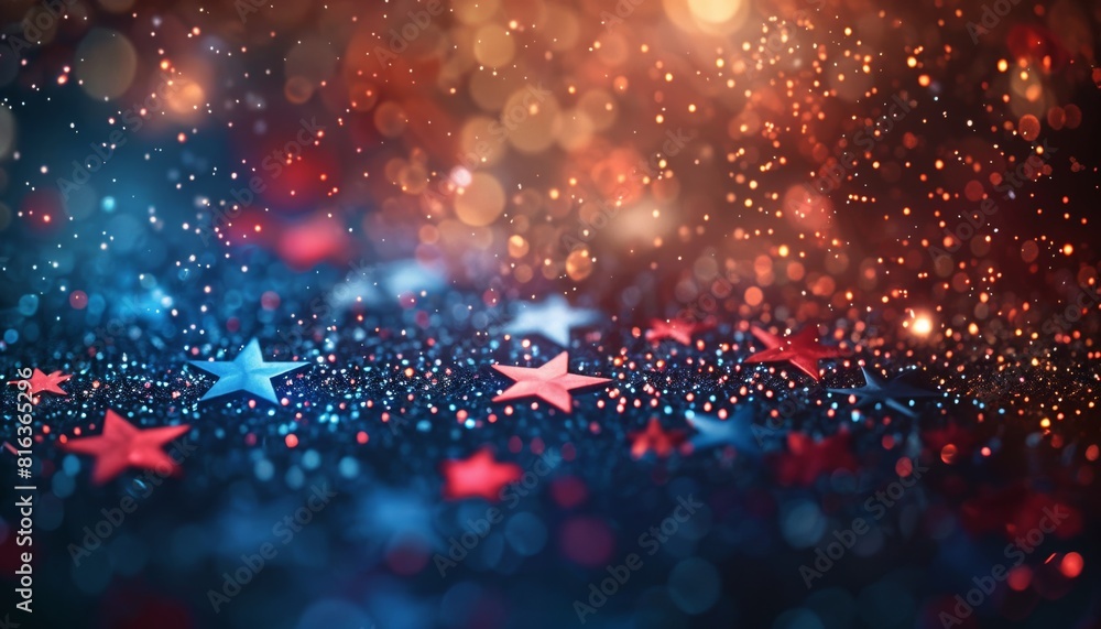 Patriotic red, white, and blue bokeh stars bursting across a dark ...