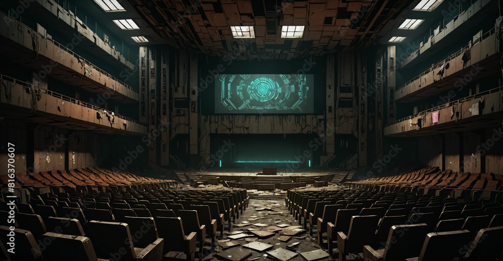 Foto de Stock abandoned cyberpunk sci-fi dystopian empty theater ...