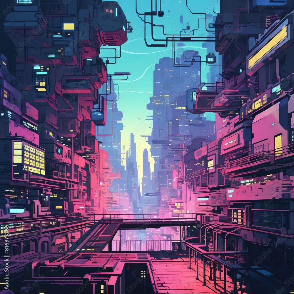 Cyberpunk cityscape flat design top view futuristic theme cartoon ...