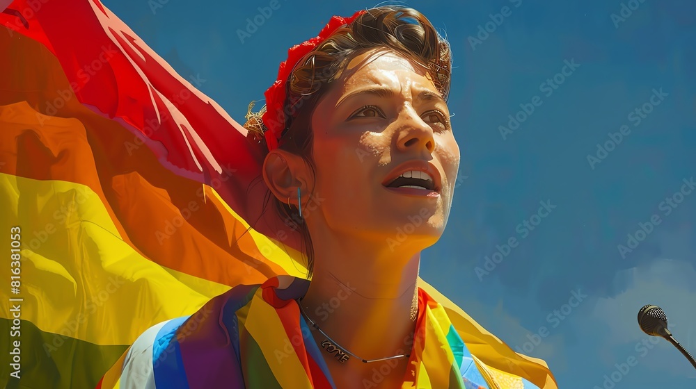 Hyper-realistic portrait of an LGBTQ activist speaking passionately at ...
