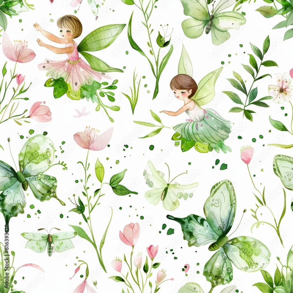 Whimsical watercolor seamless pattern with tiny fairies and vibrant ...