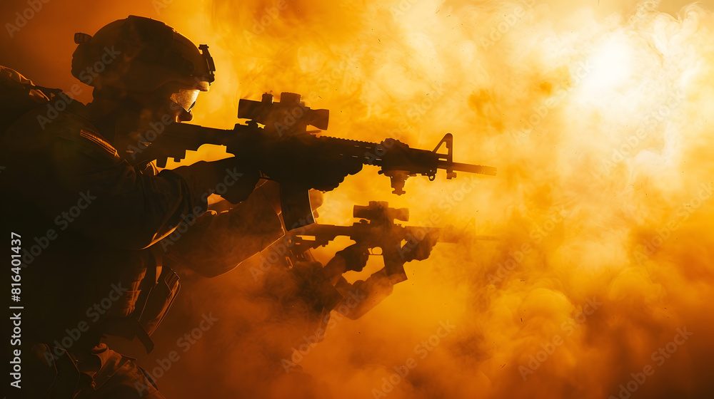 Silhouettes of army soldiers in the fog against a sunset marines team ...