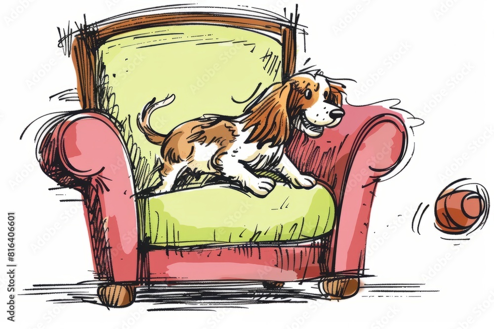 Cartoon cute doodles of a clumsy puppy bumping into furniture while ...