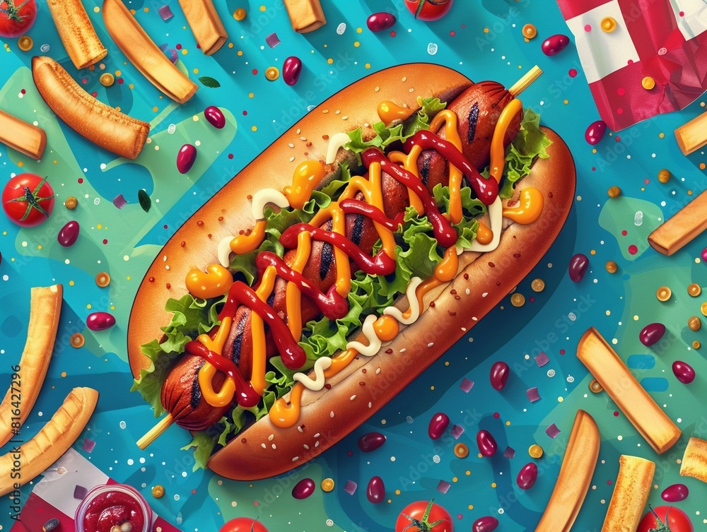 Yummy hot dog at a summer fair flat design top view festival food theme ...