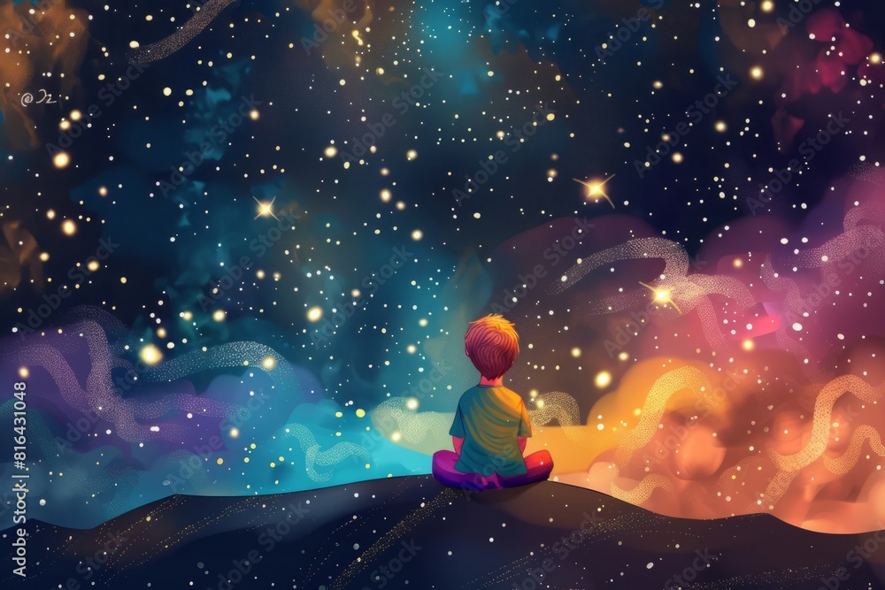 Cartoon cute doodles of a character sitting under a starry sky ...