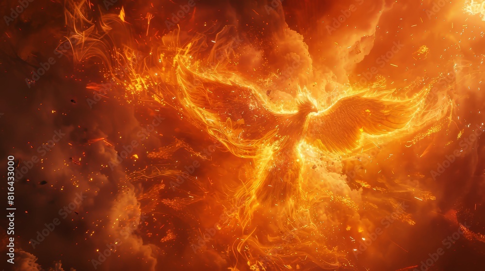 Dramatic depiction of a phoenix in the process of rebirth, surrounded ...