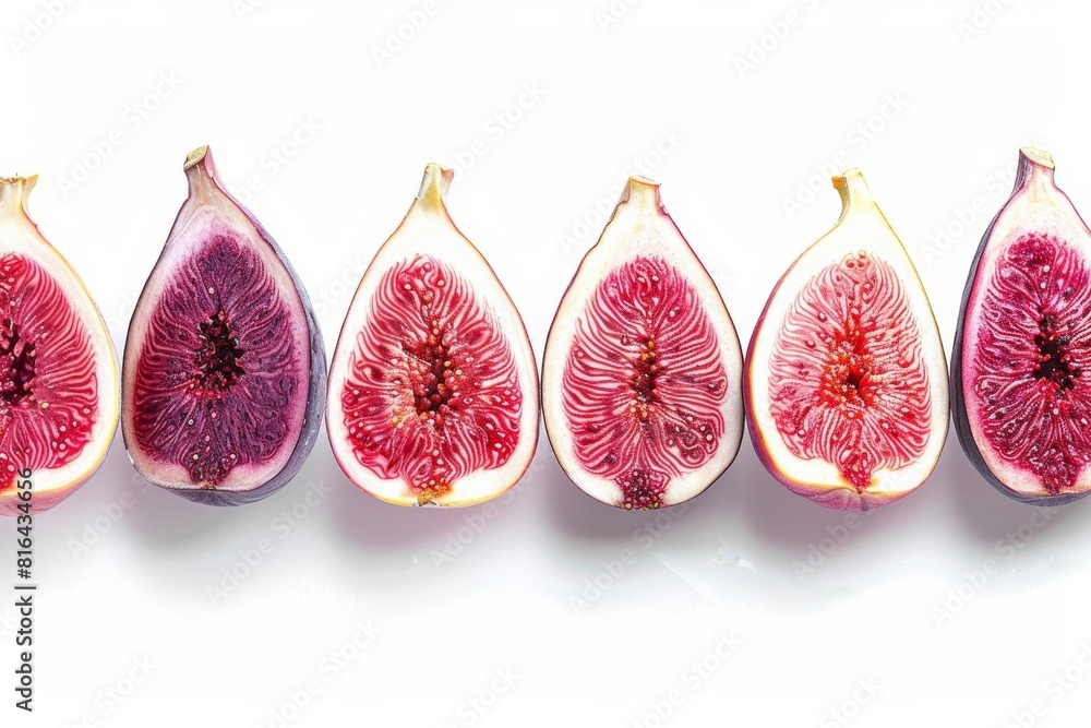 Fig halves positioned in a row, creating a gradient from whole to open ...