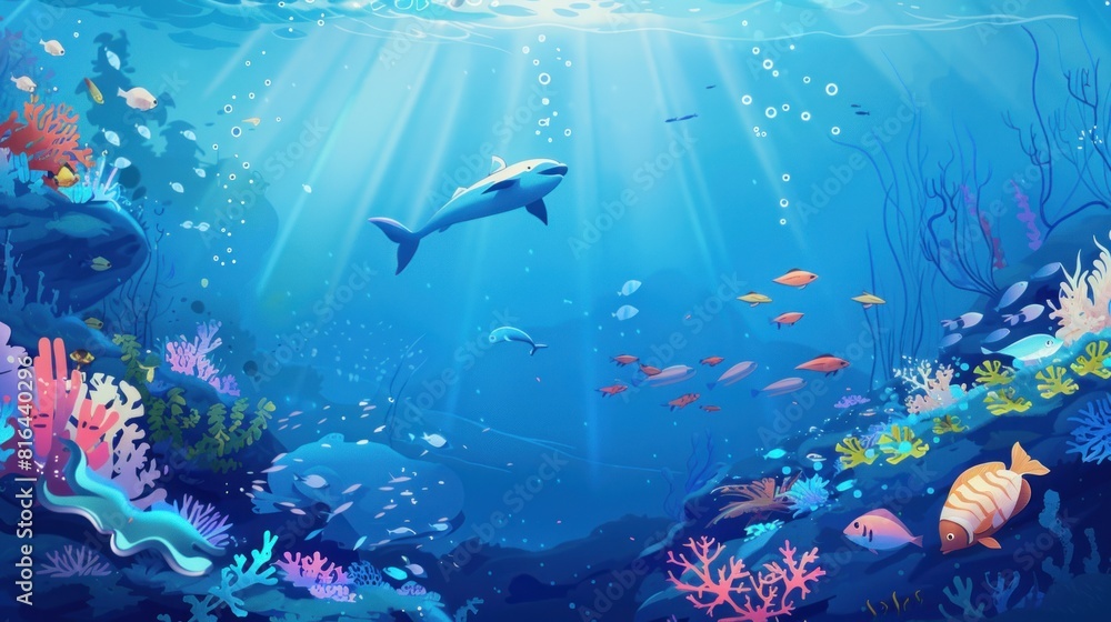 Vibrant underwater scene with cartoon fish, hand drawn in 2D animation ...