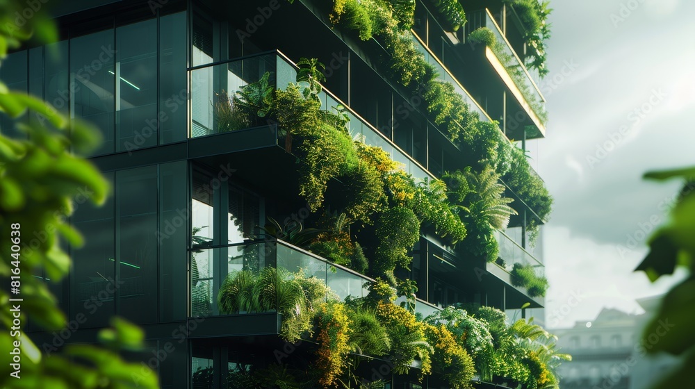 Detailed close-up of a green building with innovative plant ...