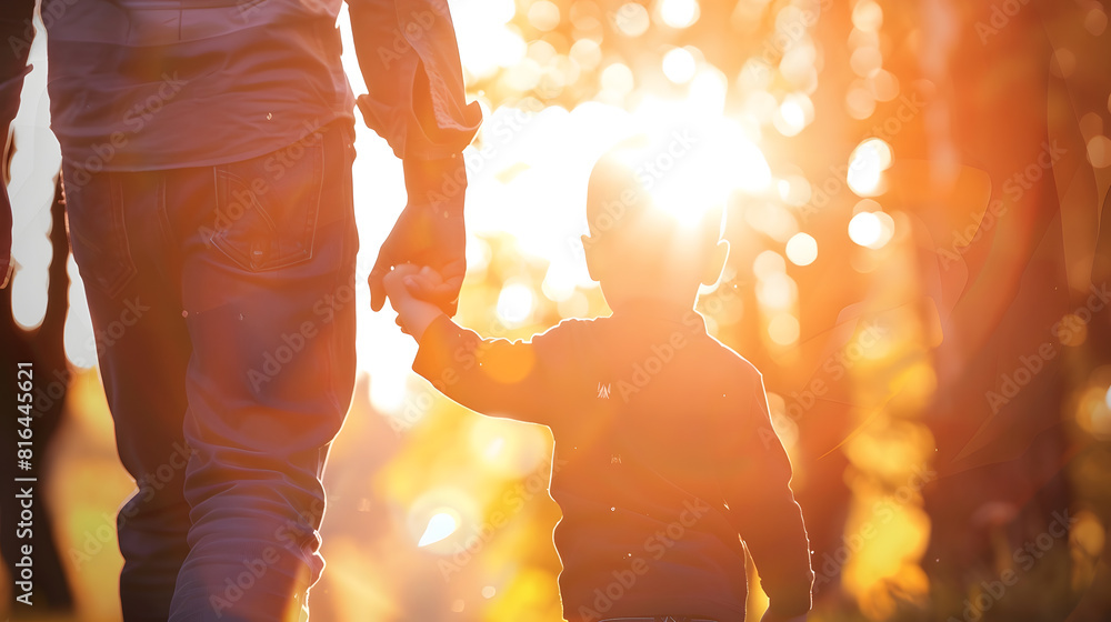 Little son dad hold hands close up in nature in sun Child father walk ...