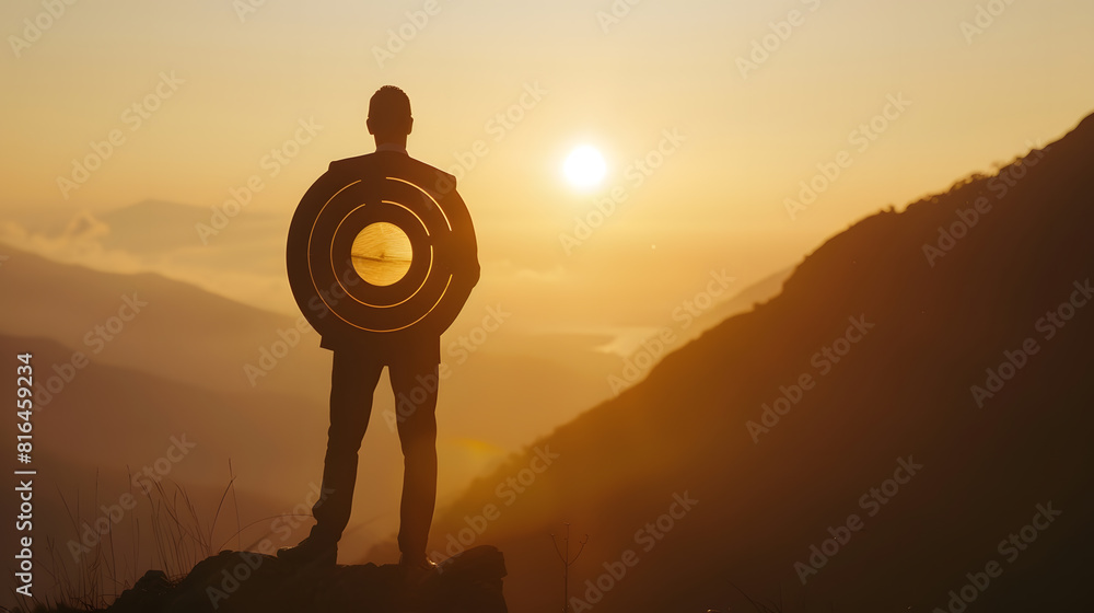 Silhouette of businessman holding a target board on top of mountain ...
