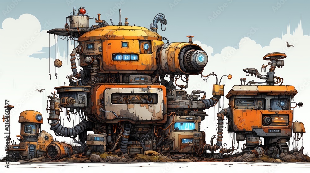 Rusty robot junkyard drawing flat design side view salvage theme ...