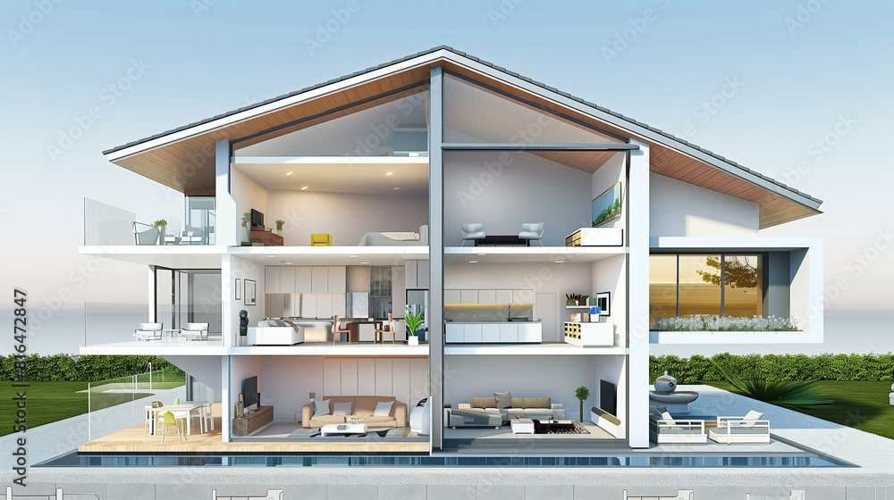 Modern home cross section, 3d rendering Stock Photo | Adobe Stock