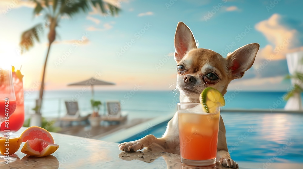 funny cool chihuahua dog drinking cocktails at the bar in a beach club ...