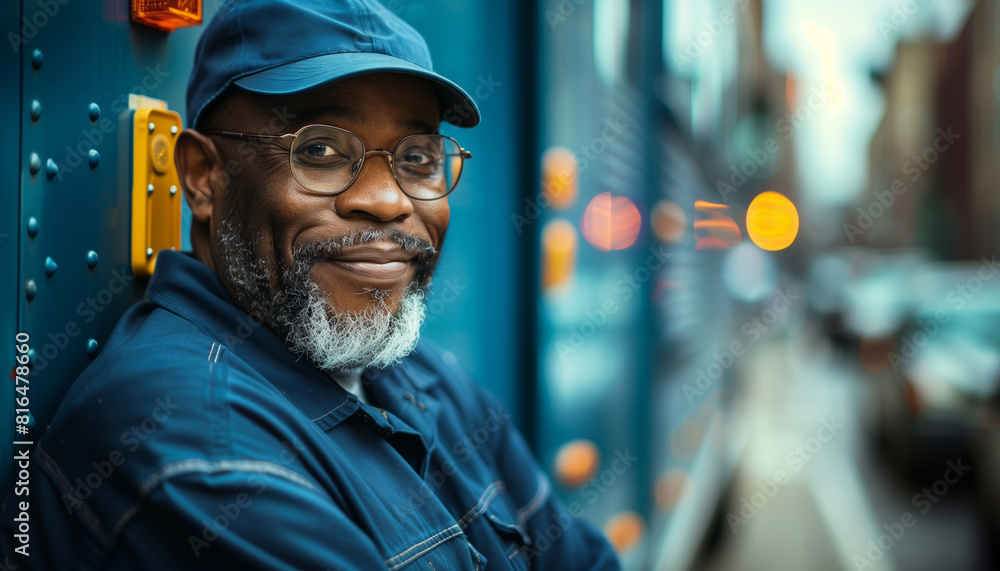 Cheerful senior postal worker with a friendly smile poses for a ...