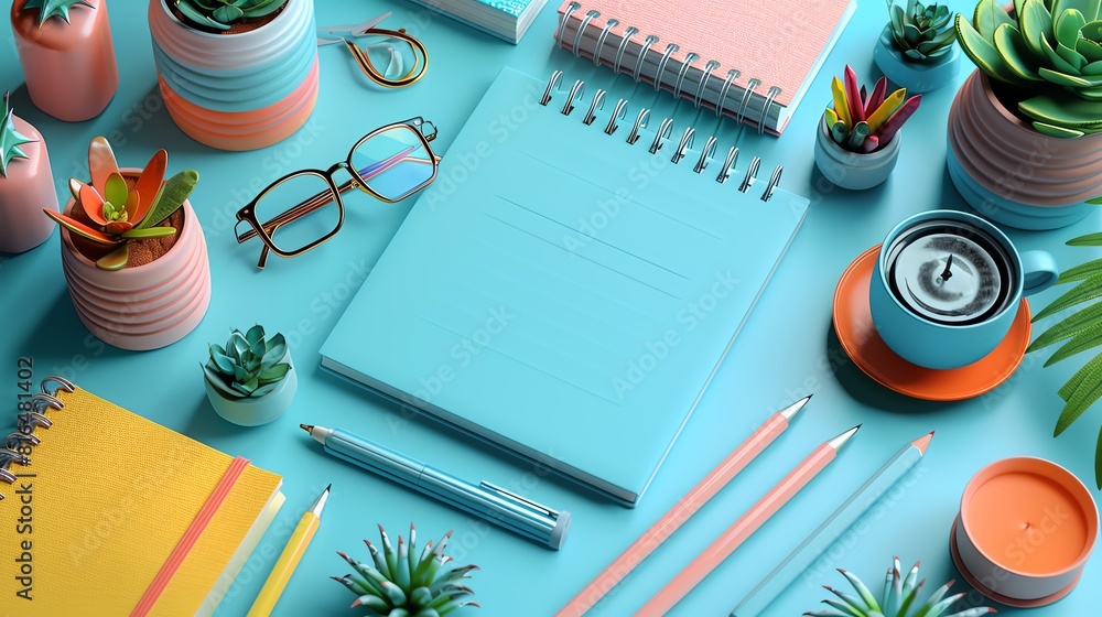 Lesson plan flat design top view learning theme 3D render Complementary Color Scheme, Stock ...