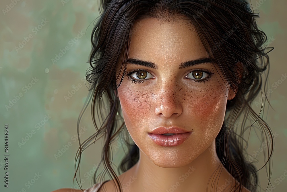 Adorable Menacing Expression: 3D Render Face with Dark Shiny Hair Stock ...