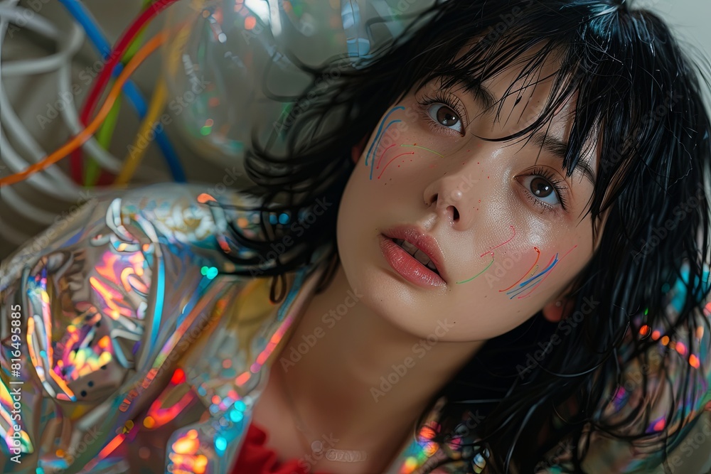 Kawaii Anime Model Emerges Through Cybercore Portal in Psychedelic ...