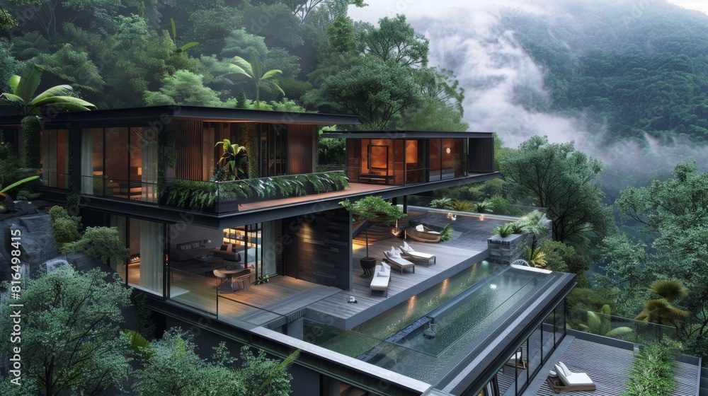 Captivating floor plan ideas set amidst lush forest mountains, blending ...