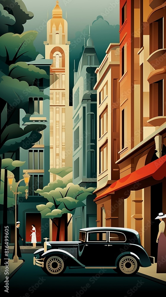 1920s street scene, classic cars, flapper fashion, art deco buildings ...