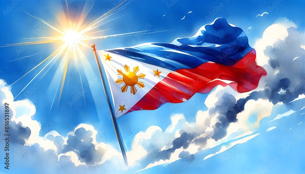 Watercolor illustration of the Philippine flag on the sky. Stock ...