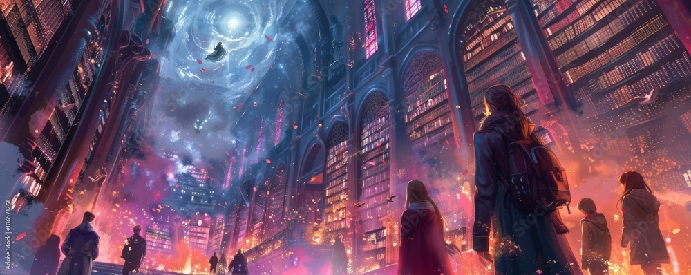 Family and friends exploring a magical library with floating books and ...