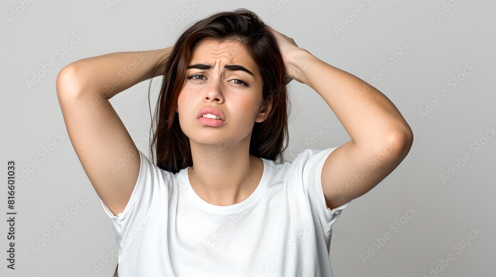 Confused young woman scratching her head, puzzled expression. Casual ...