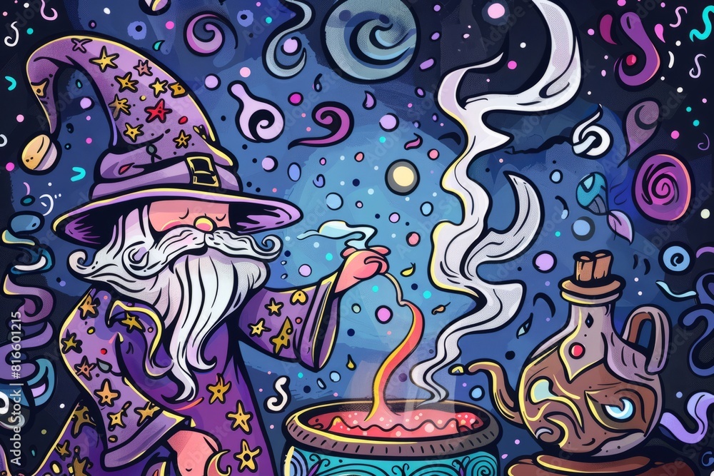 Cartoon cute doodles of a wizard brewing a magical potion in a bubbling ...