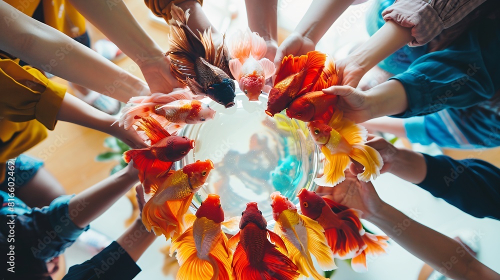 The hands of both men and women, young people reaching out to circle a ...