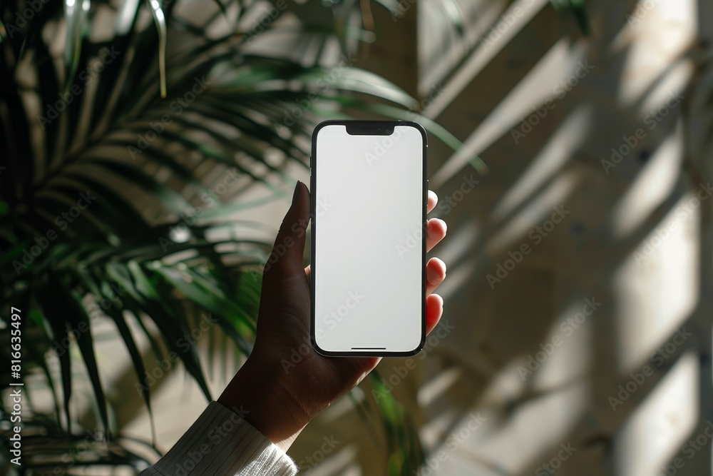 hand holding iphone 15 pro mockup with white screen, minimalistic ...