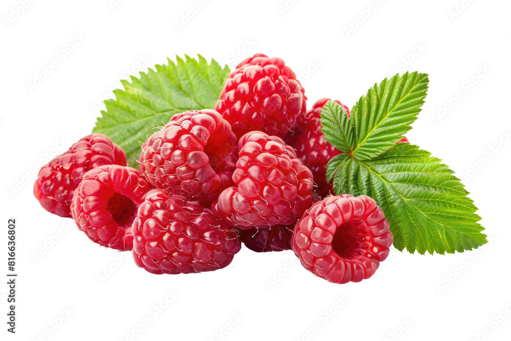 stack of fresh raspberries with leaves isolated on white or transparent ...