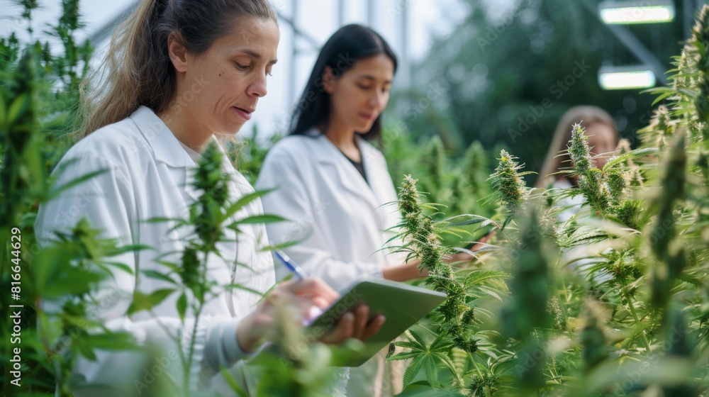Scientists in lab coats collecting samples from cannabis plants and ...